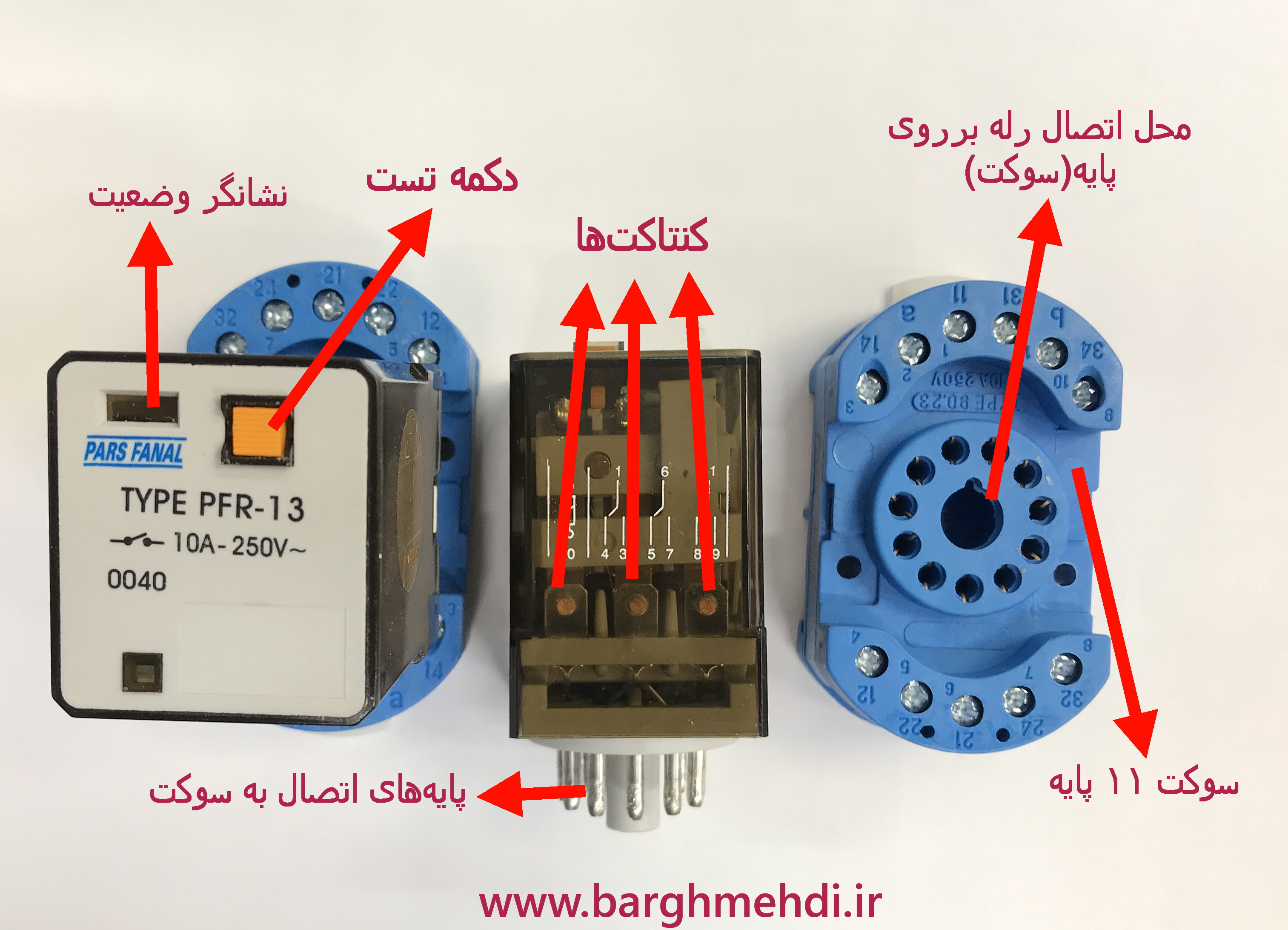 رله شیشه‌ای سه کنتاکت (11پایه) 220 ولت پارس فانال مدل PFR-13 | برق و صنعت مهدی